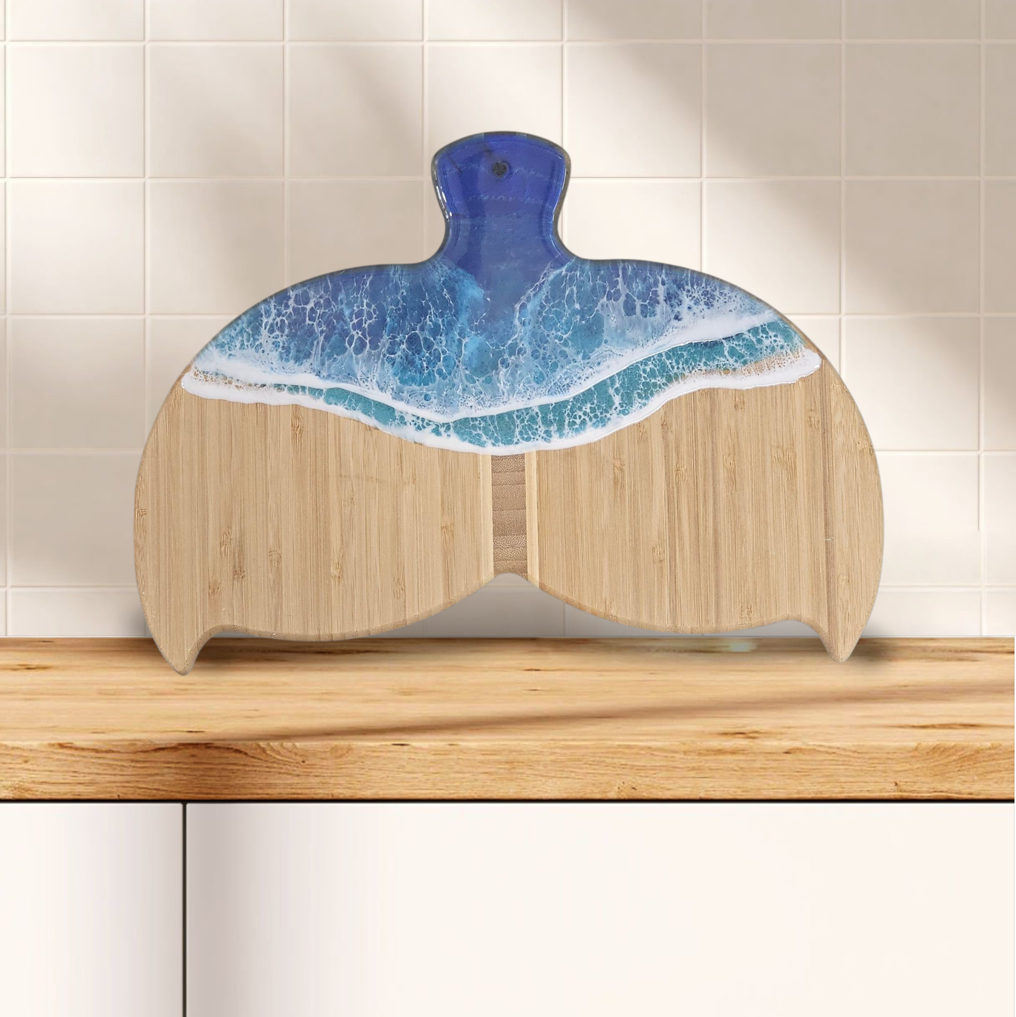 Handcrafted Whale Tail Bamboo Cutting Board with Ocean Resin Design (W ...